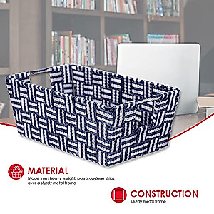 Home Basics Stripe Woven Strap Storage Bin | Various Black | Blue | Brown | Grey | Great for Storage | Metal Frame | Lightweight with Handles | Sturdy Construction (Blue, Small)
