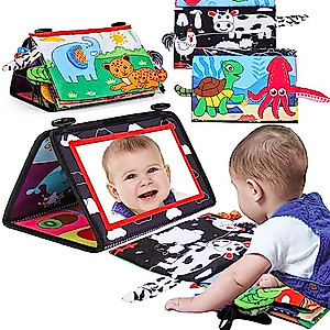 Baby Mirror Toys with Crinkle Cloth Book for Infants 0-3 Months Tummy Time Toys for Baby 3-6 Months High Contrast Newborn Sensory Toy for 0-6 7 9 Month Teething Toys for Babies 6-12 Month Shower Gifts