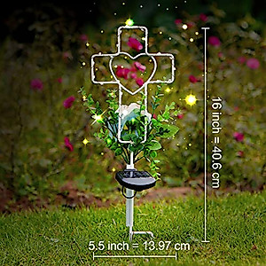 Joyathome 16 Inch Solar Cross Garden Stake Lights with 1 Artificial Flower Metal Garden Art for Patio Lawn Garden Decor Solar Outdoor Love Sign for Gravesites Memorial and Ideal Gifts for Loved Ones