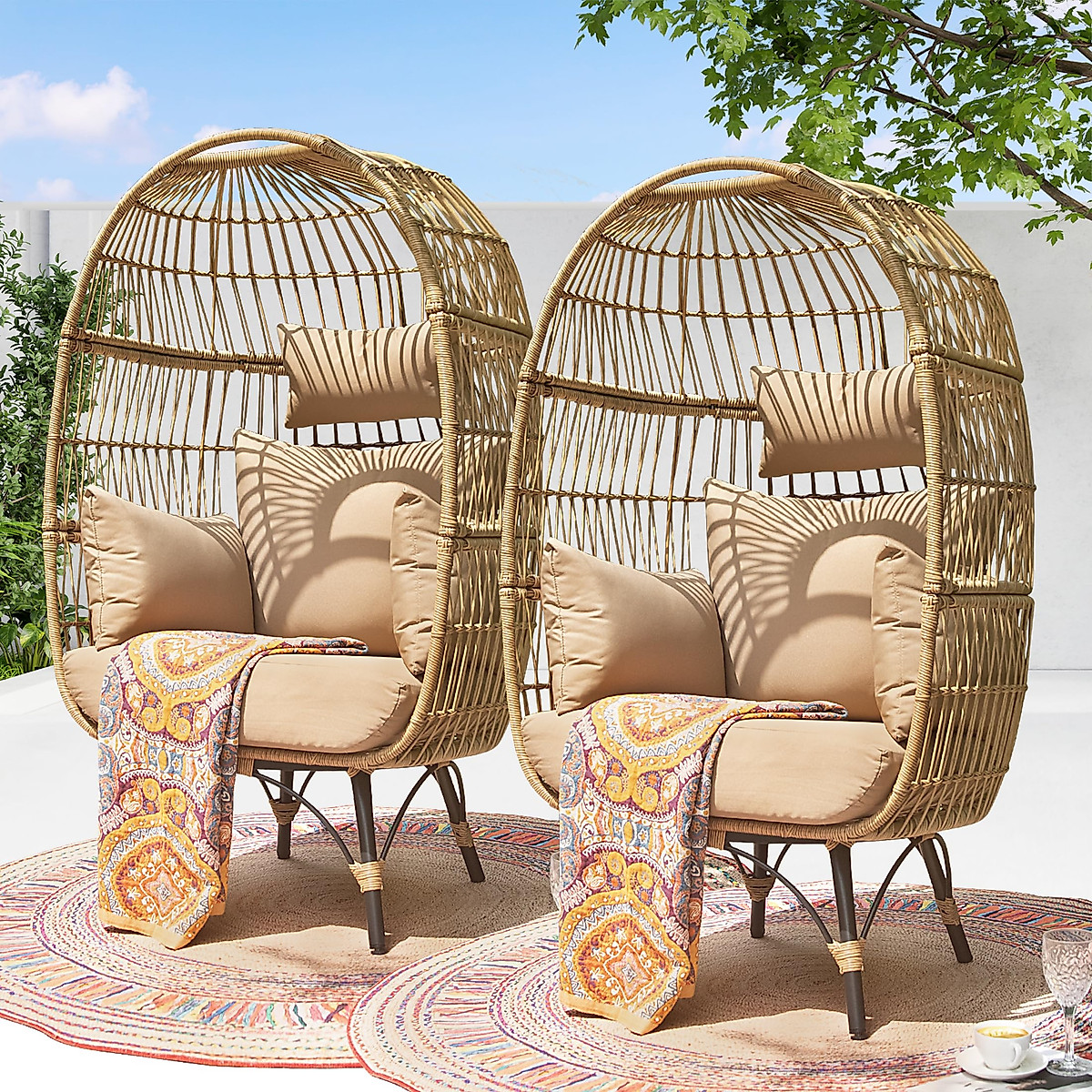 BULEXYARD Patio Wicker Stationary Egg Chair with Legs, Indoor Outdoor Oversized PE Rattan Egg Lounge Chairs for Garden, Backyard, Living Room, Bedroom(Brown/Brown, 2 Pcs)