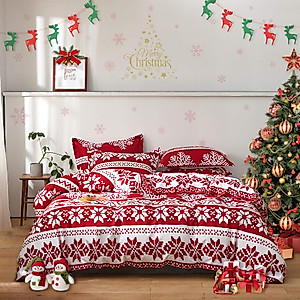 Joyreap 3 Pieces Christmas Duvet Cover Set, Red and White Reindeer Snowflake and Tree Pattern, Soft Breathable Microfiber for All Season, 1 Duvet Cover and 2 Pillow Shams (Full/Queen, 90x90 inches)