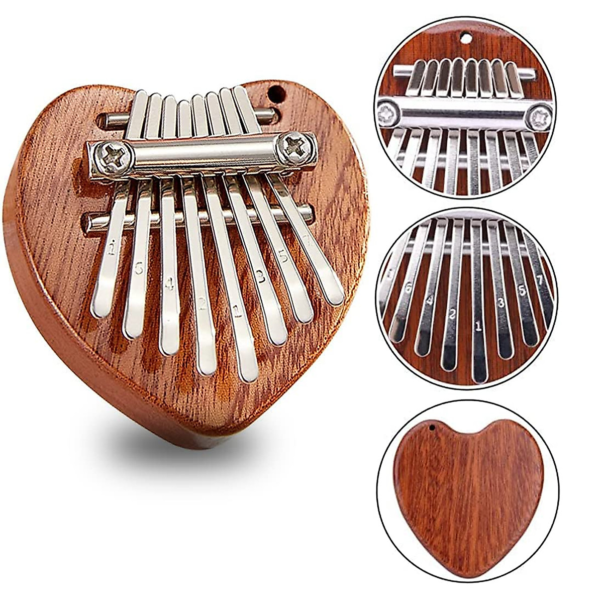 Mini Kalimba Thumb Piano, Solid Wood 8 Keys Finger Piano, Portable Marimba Musical Thumb Piano Accessory Pendant Gift (Wooden Heart)