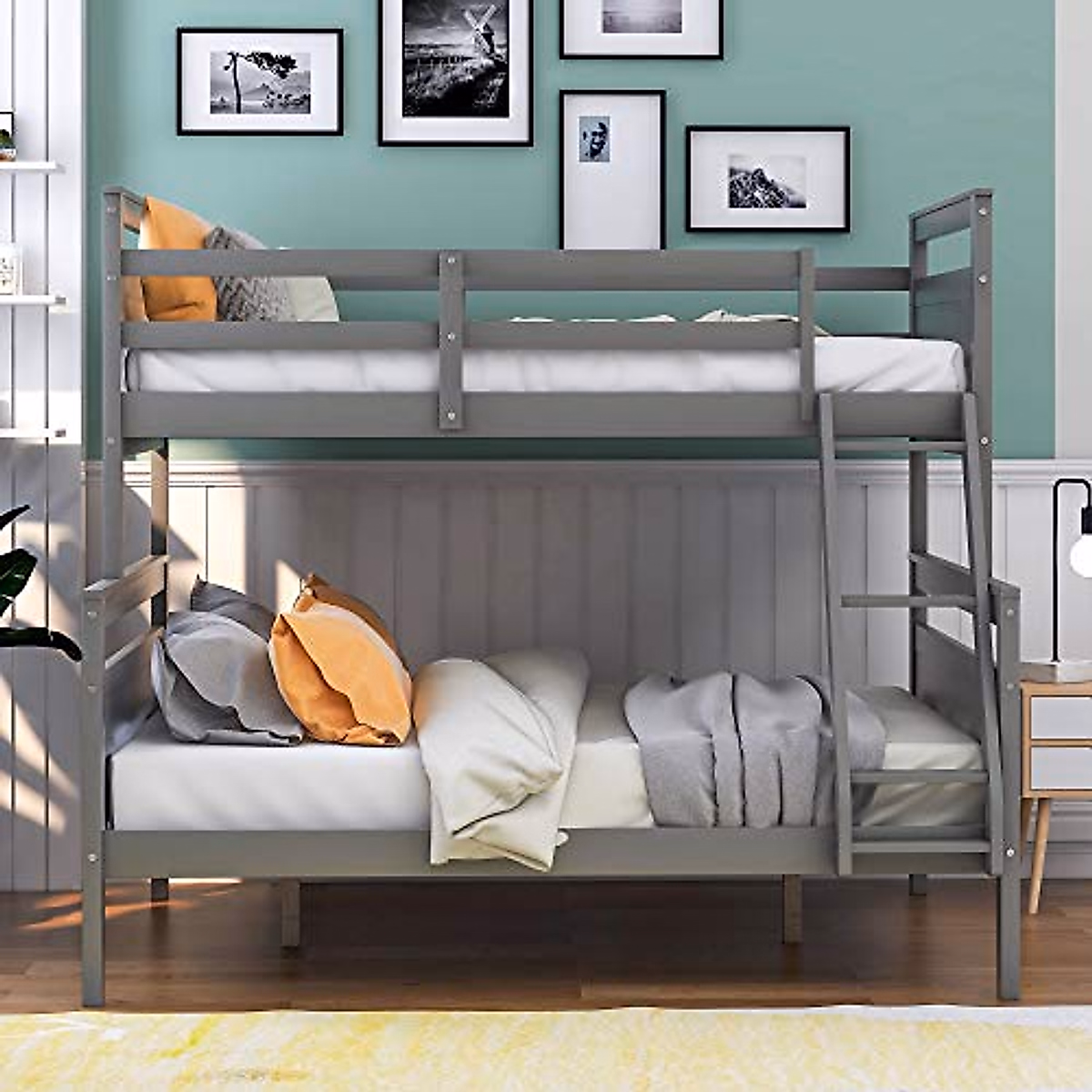 MOEO Twin Over Full Bunk Bed with Ladder, Convertible to 2 Separated Wood Bedframe for Kids, Teens, Adults, Bedroom, No Box Spring Needed, Gray