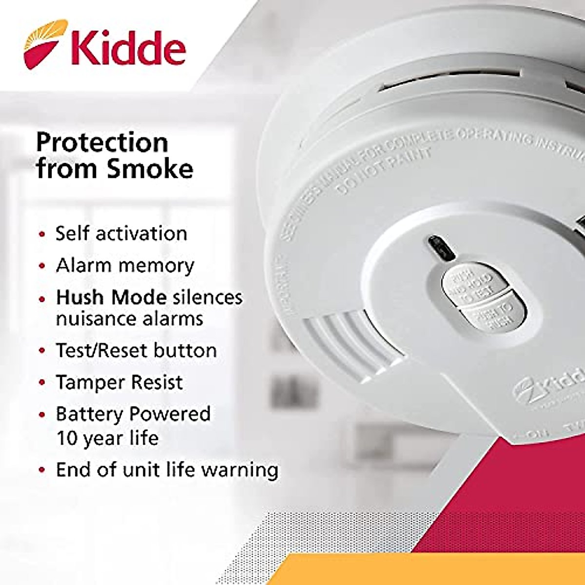 Kidde Smoke Detector, 10-Year Battery, LED Indicators, Replacement Alert, Test-Reset Button, 2 Pack
