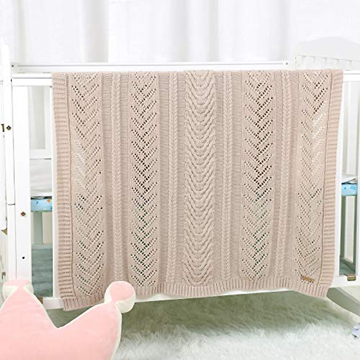 mimixiong Cotton Baby Blanket Knitted Crochet Receiving Crib Nursery Swaddling Blankets for Newborn Baby Boy Girl White 30x40 Inch
