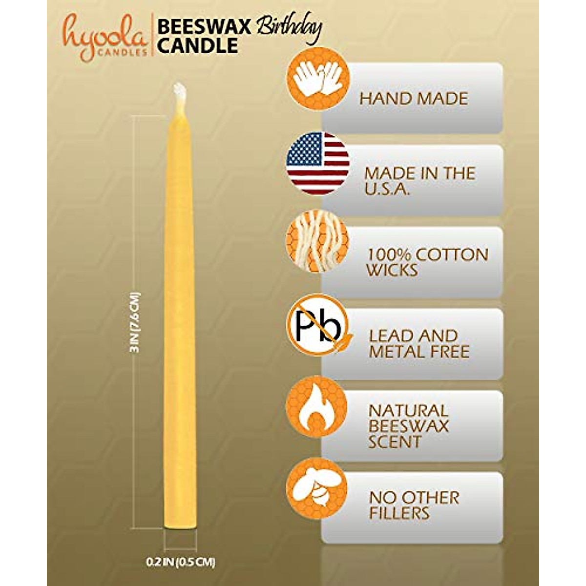 Hyoola Beeswax Birthday Candles – 24 Pack Mini Birthday Candles - All Natural 100% Unscented Pure Beeswax Candles - Handmade in The USA - Yellow