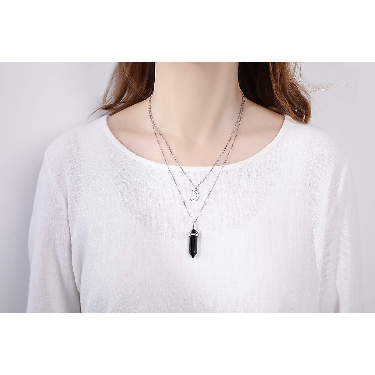 XIANNVXI Crescent Moon Necklace Black Obsidian Healing Crystal Stone Point Pendant Necklaces Spiritual Reiki Witch Gemstone Layered Dainty Jewelry for Women