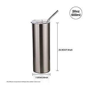 PYD Life Sublimation Blanks Skinny Tumbler Cups Silver 20 OZ Stainless Steel Straight Tumbler with Metal Straw for Tumbler Heat Press Sublimation Oven Printing 4 Pack
