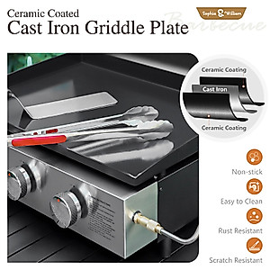 Sophia & William Flat Top Grill with Lid and Ceramic Coated Cast Iron Griddle, 3-Burner Tabletop Propane Gas BBQ Griddle, Portable Outdoor Barbecue Grill,24,000 BTU,Black