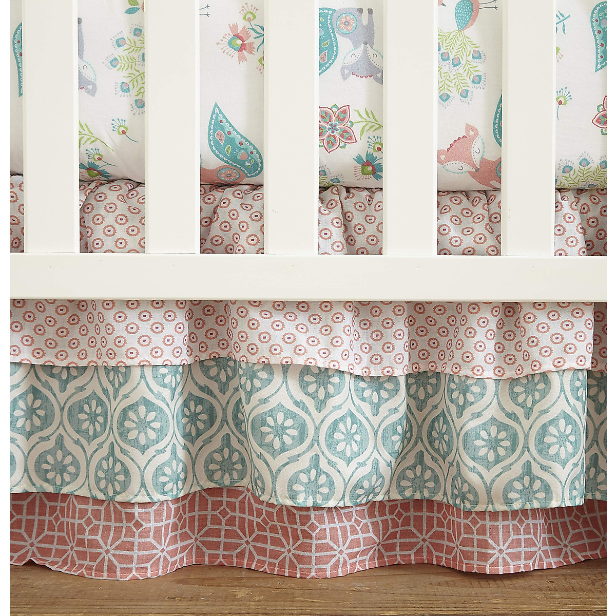 Levtex Baby - Fiona Crib Bed Set - Baby Nursery Set - Pink, Teal, and White - Woodland Forest Theme - 5 Piece Set Includes Quilt, Two Fitted Sheets, Wall Decal & Skirt/Dust Ruffle