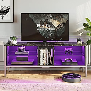 Bestier LED TV Stand, Modern Gaming Entertainment Center for 65/70 inch tv, Wood TV Stand with Glass Shelves for Living Room Bedroom, Black Marble