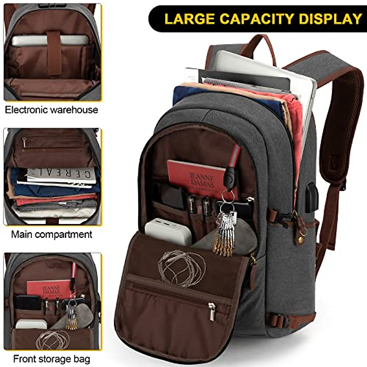 Canvas Laptop Backpack-Anti Theft Bag for Men Women,Rucksack Fits 15.6Inch Laptop, Work Travel Bookbag with USB Charging Port and Lock