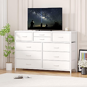 Jojoka Wide 10 Drawer Dresser,TV Stand Entertainment Center Fabric Storage Dressers Drawers for Bedroom, Hallway, Nursery, Closets, Steel Frame, Wood Top (White)