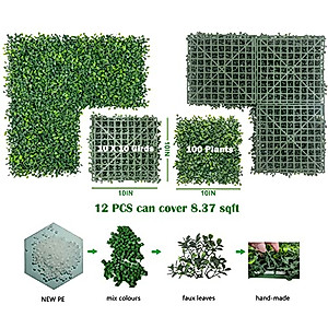 Bybeton Artificial Green Wall Panel,10"x 10"(12pcs) Boxwood Faux Grass Wall Panels for Interior Wall, Backdrop Wall,Garden Wall and Indoor Outdoor Plant Wall Decor