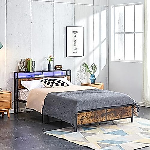 Anwickhomk Modern Industrial Full Size Bed Frame with LED Lights and 2 USB Ports,with Wood Shaving Headboard and Platform Bed Frame,Bearing Capacity Up to 900 LBS