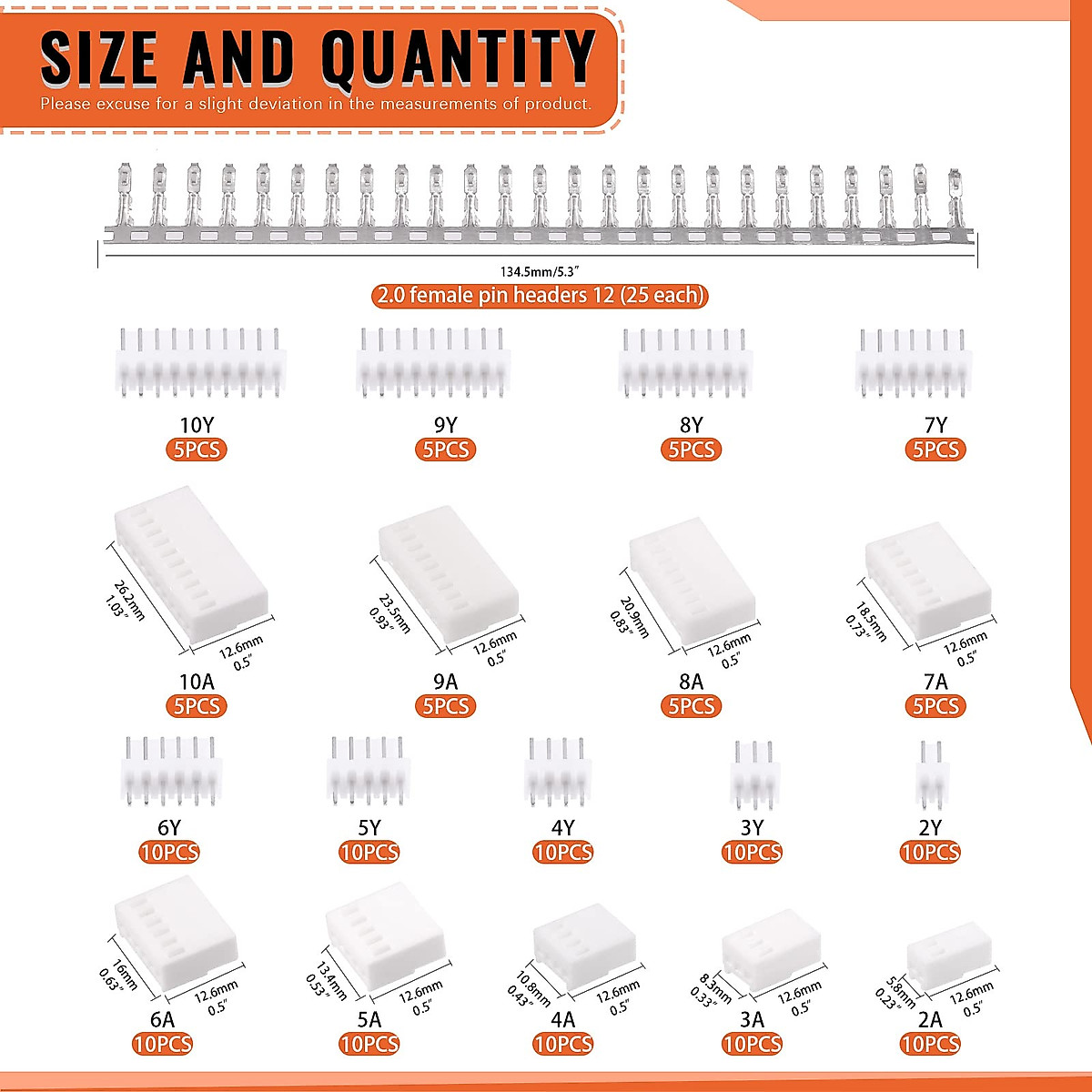 Tanstic 440Pcs 2.54mm KF2510 Connector Kit Including 140Pcs 2.0mm Pitch 2/3/4/5/6/7/8/9/10 Pin Female and Male Housing Connector Adapter Plug and 300Pcs 2.0mm Pin Headers Terminals