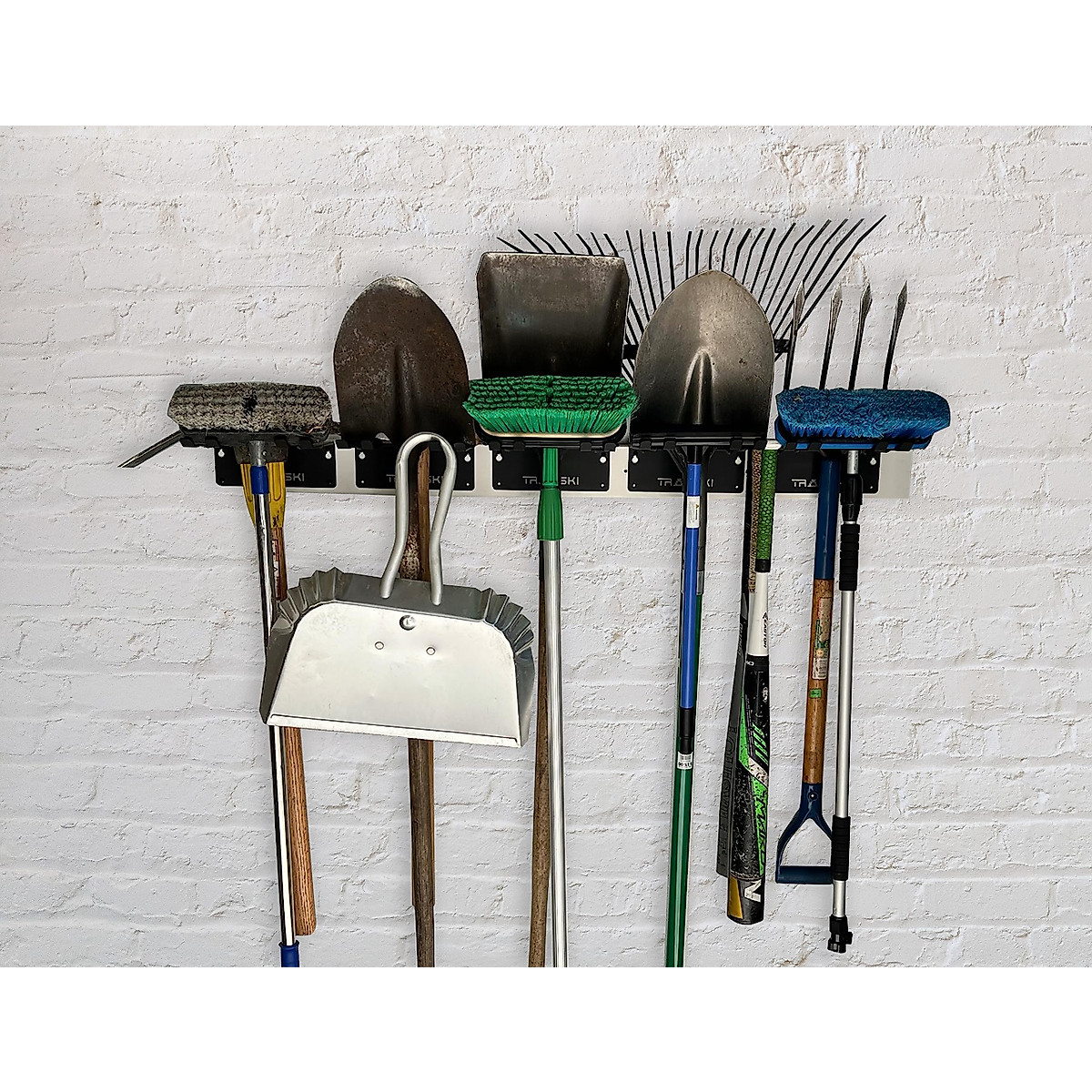 TRAPAWAY Wall Rack | Holds 4 pair of Skis or Snowboard by Bindings | Garage Organizer for Yard Tools, Gear & Equipment | Aluminum | No Moving Parts to break or pinch | Made in the USA (Black Quad)