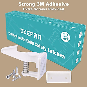Cabinet Locks Child Safety Latches - OKEFAN 12 Pack Baby Proofing Cabinets Drawer Lock Adhesive Latch for Kids Proof Drawers No Drilling Tools Needed (White)
