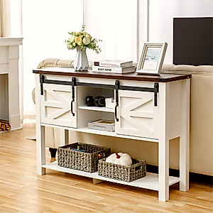GAZHOME Entryway Table with Sliding Barn Doors, 46'' Farmhouse Console Table with Storage, Rustic Sofa Table with Adjustable Shelf & Open Shelf for Entry Way, Hallway, Living Room, White