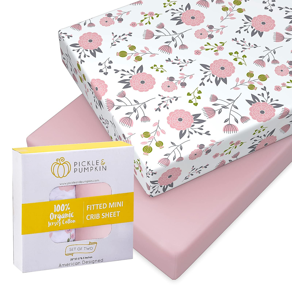 Mini Crib Sheet with Floral & Pink Pattern - 100% Organic Cotton Pack n Play Fitted Sheet - Premium Pack n Play Sheets - Compatible as Graco Pack n Play Sheet & Mini Crib Sheets - Pickle & Pumpkin