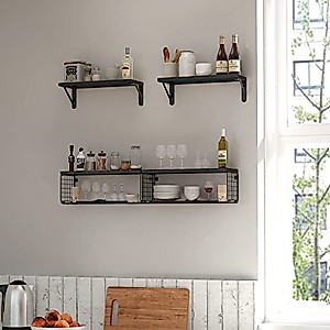 Aiyome, Wall Floating Shelves, Wall Mounted Shelf Set of 4, with Metal Baskets, Rustic Décor Style, Shelf for Bathroom, Kitchen, Bedroom, Storage, Living Room - Black.