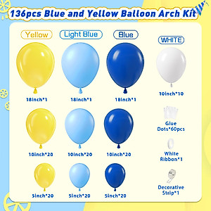 137pcs Blue and Yellow Balloon Arch Kit, DIY Cartoon Theme Blue Light Blue Yellow White Latex Party Balloons for Cartoon Theme Birthday Anniversary Graduation Baby Shower Party Decorations