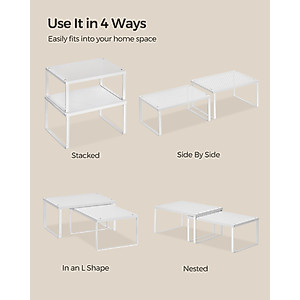 SONGMICS Spice Rack, Cabinet Shelf Organizers, Shelf Organizer, Countertop Organizer, Shelf Riser, Stackable, Expandable, Set of 4 Metal Kitchen Counter Shelves, White UKCS006W01