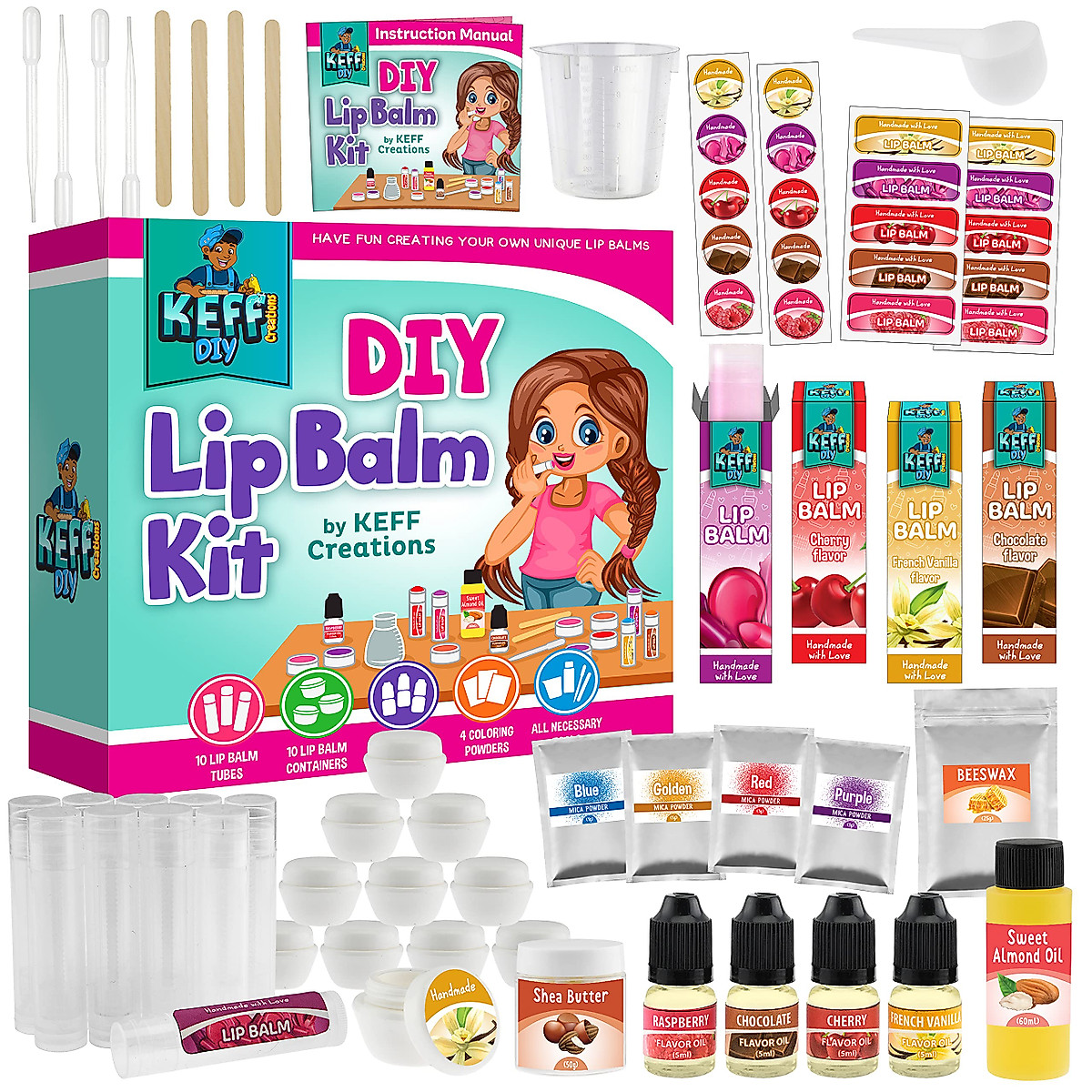 KEFF Lip Balm Making Kit - Make Your Own Lip Gloss Kit for Kids, Girls, & Teens - DIY Makeup Set with Beeswax, Shea Butter, Flavor Oils, Mica Color Powders & More - 51Pcs
