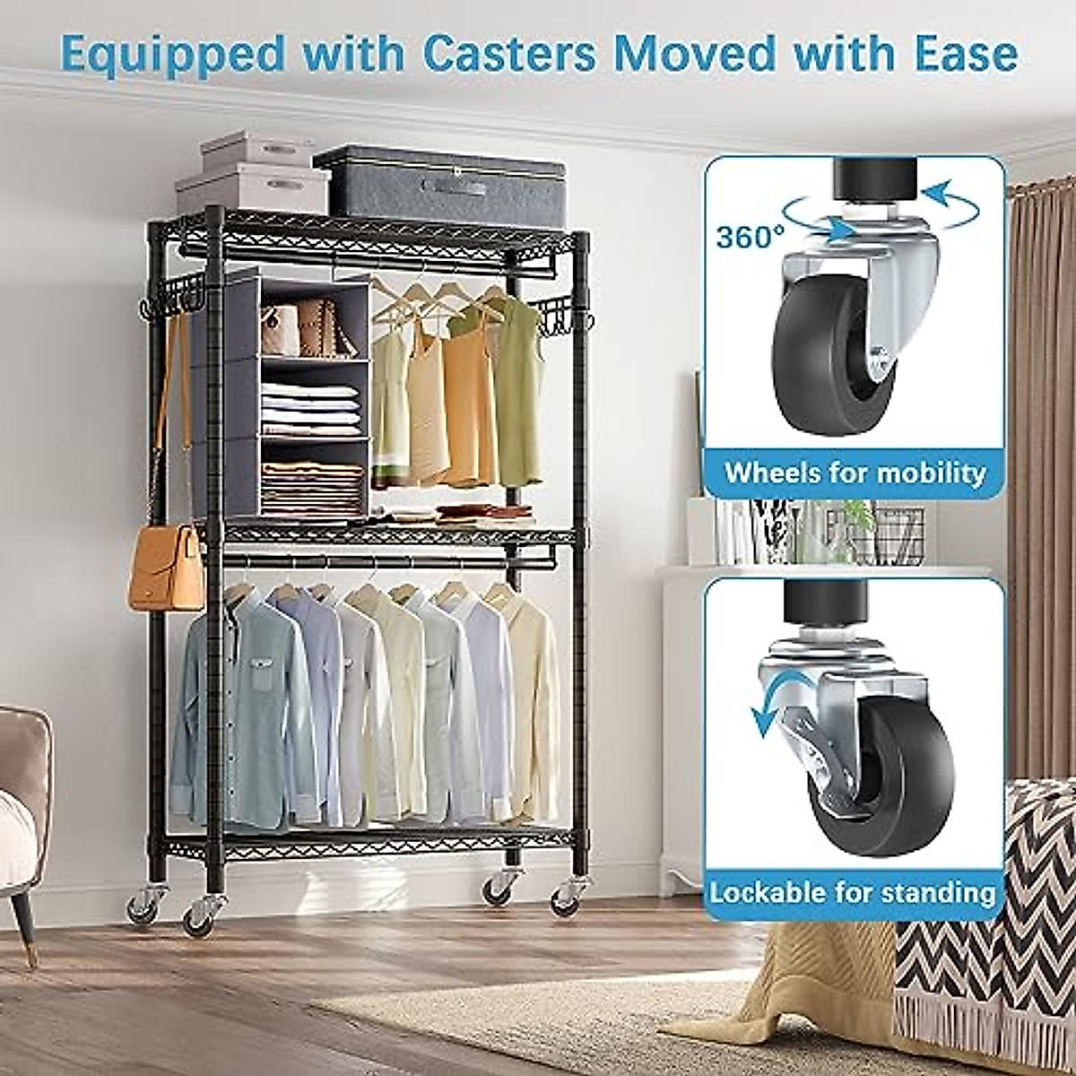VIPEK V12E Garment Rack Heavy Duty Rolling Clothes Rack with 3 Tiers Adjustable Wire Shelving and Double Rods for Hanging Clothes Freestanding Wardrobe Storage Organzier Metal Clothing Rack, Black