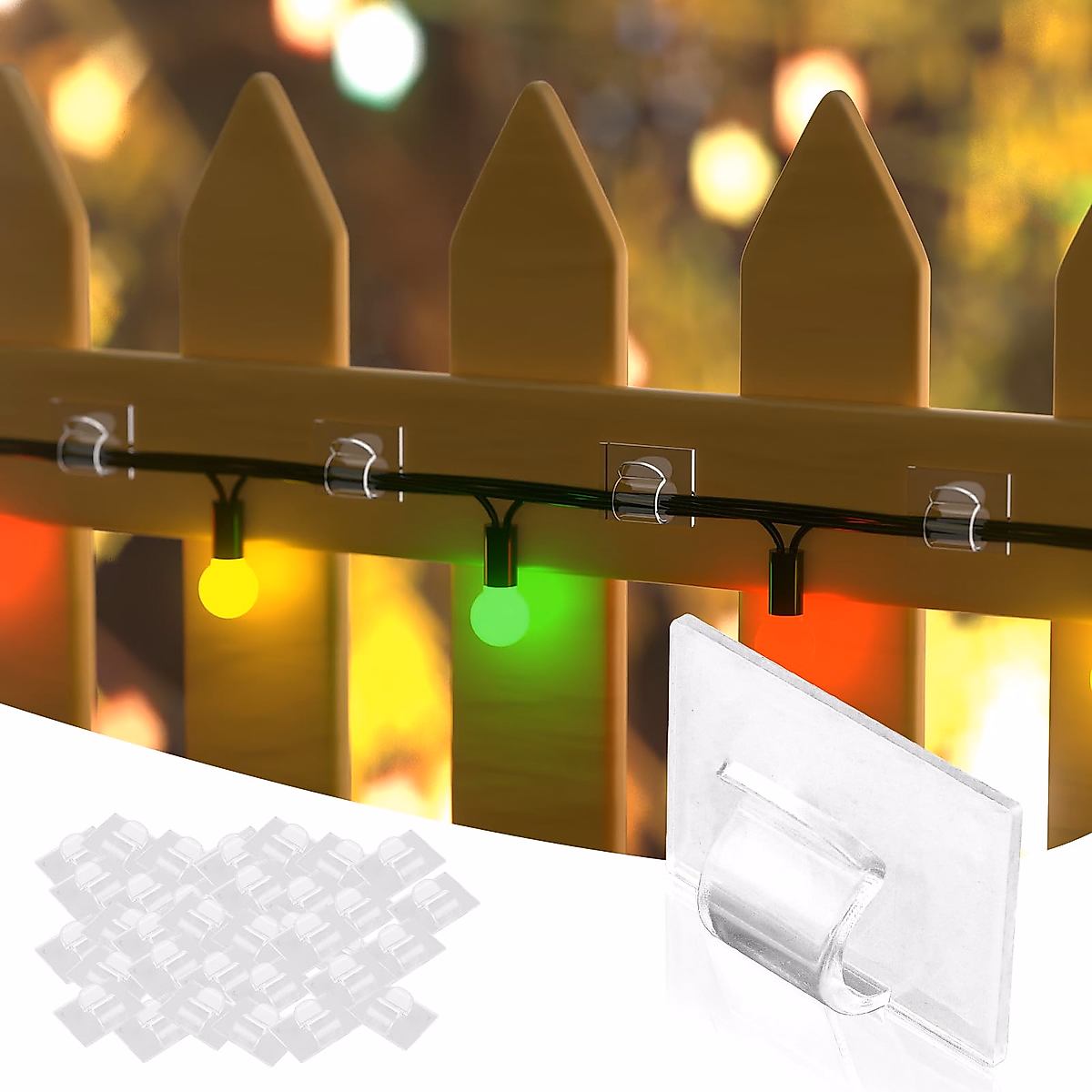 Lycklig Adhesive Hooks, 35-Clips, Adhesive Strips with Strong Self-Adhesive,UV-Resistant Adhesive Hooks and Damage-Free Christmas Light Clips, Strips Hooks for Indoor Outdoor String Lights