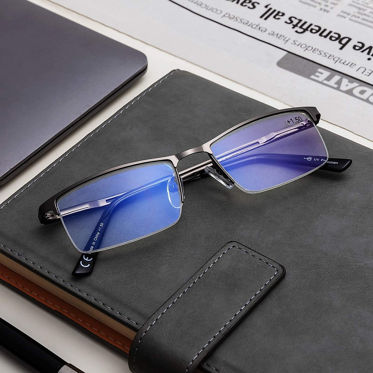 HUYAOPT 2-Pack Blue Light Blocking Reading Glasses Men Women Spring Hinge Computer Reading Glasses Metal Frame (Mixed Color, 1.5