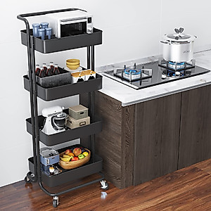 Devo 4 Tier Utility Rolling Cart, Heavy Duty Storage Cart, with Handle, 4 Side Hooks, 2 Storage Cups and Lockable Wheels, Organizer Cart for Bathroom Kitchen Office Classroom, Black