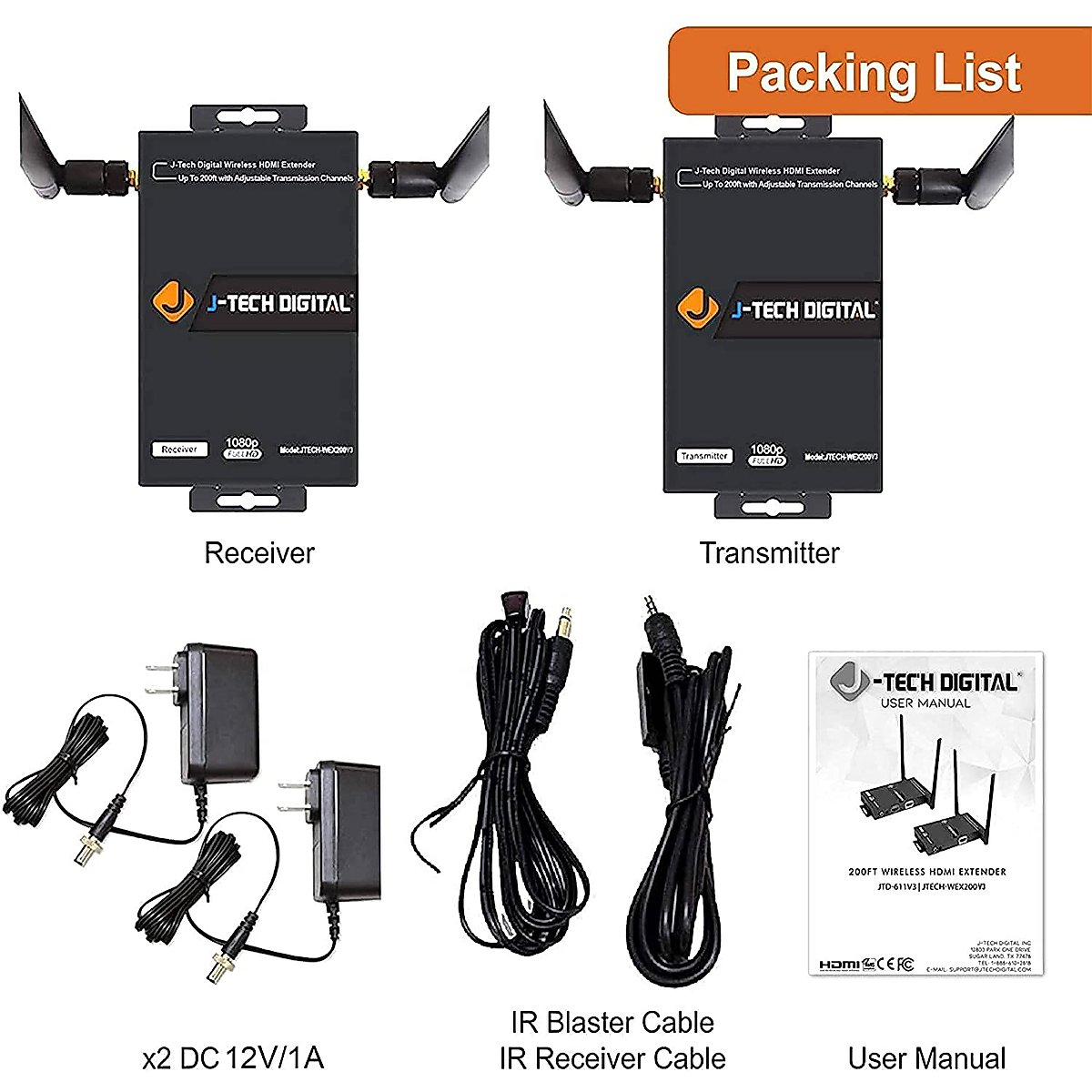 J-Tech Digital Wireless HDMI Extender 1X2 up to 200ft 1080P with HDMI Loop Output IR Passthrough (1TX + 1RX)