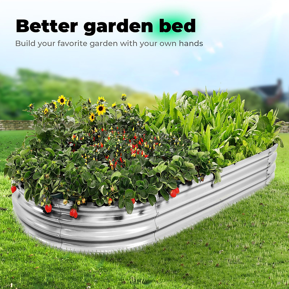 AHEONLAR Galvanized Raised Garden Bed Kit, Oval Large Metal Planter Box, Sturdy and Durable, Garden Boxes Outdoor Raised for Vegetables, Fruits, Flowers and Herbs, 4x2x1ft (Silver)