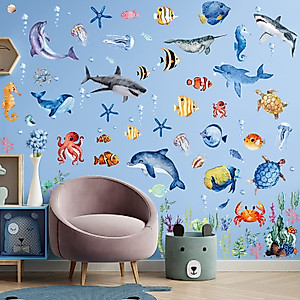 149 Pieces Ocean Animals Wall Decals Jellyfish Wall Stickers Removable Fish Under The Sea View Animals Peel and Sticks Wall Art Decor for Kids Baby Bedroom Living Room Nursery Classroom Decoration