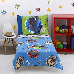 Disney Puppy Dog Pals - Puppy Pal Fun - 4Piece Toddler Bed Set - Coral Fleece Toddler Blanket, Fitted Bottom Sheet, Flat Top Sheet, Standard Size Pillowcase, Blue, Red, Gray, Tan