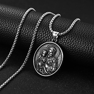 HZMAN Double Sided Stainless Steel St Joseph Necklace for Men Women Religious Saint Joseph Cross Christian Medal Amulet Pendant Jewelry Gift