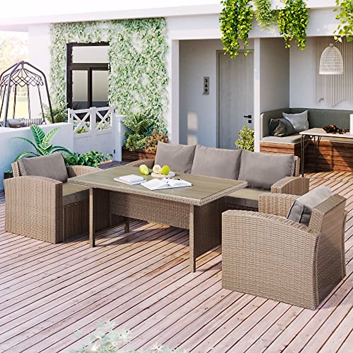 DHPM 4 Piece Patio PE Rattan Wicker C, Outdoor Sectional Conversation Furniture Chair Set Table, 3 Sofa with Cushions, 5 Seats for Garden, Poolside, Backyard, Gray