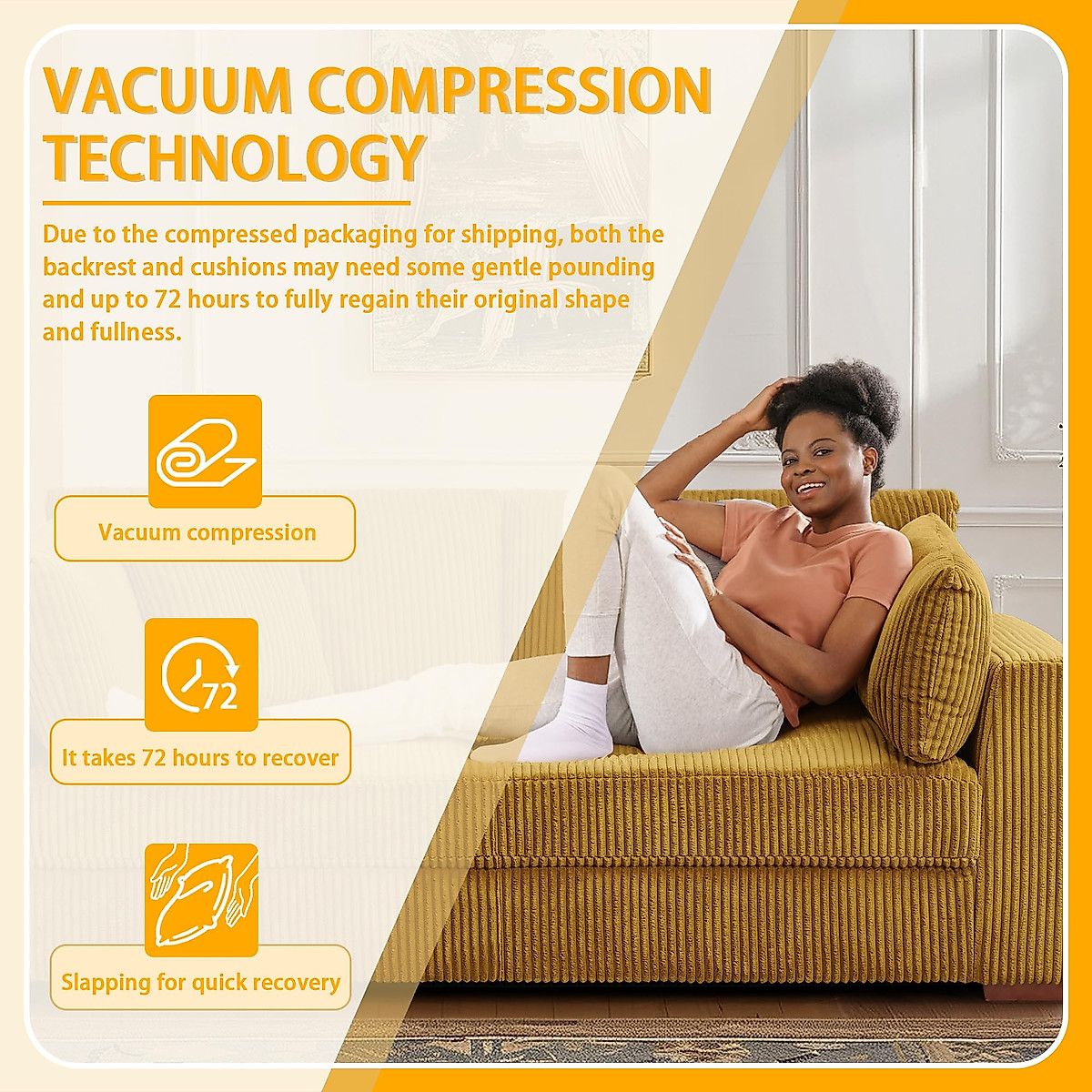 HOLYFIND Modern Corduroy Sofa Couch with Upholstered Deep Seat,3 Seater Sofa with Four Pillows,Oversized Love seat for Living Room, Apartment (Yellow)