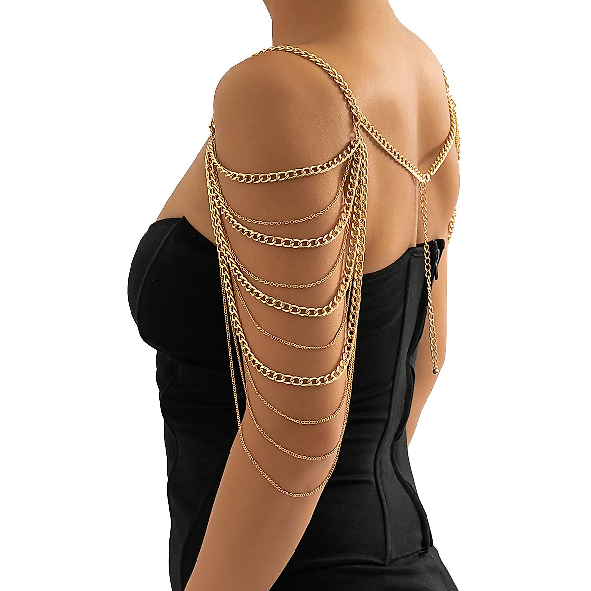 Summer Beach Punk Shoulder Body Chain Multi-Layered Back Chain Bikini Metal Tassel Arm Chain Statement Bridal Wedding Backdrop Necklace Body Chain Jewelry for Women