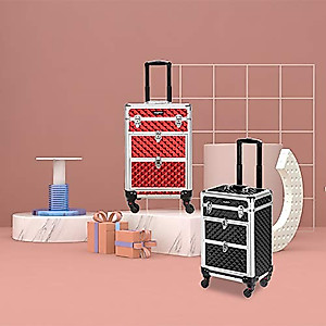 mefeir Aluminum Rolling Makeup Train Case, Portable Makeup Organizer Suitcase, Cosmetic Storage Box, Travel Beauty Luggage Trolley Lockable w/4 Removable Wheels & 2 Sliding Drawers (Black)