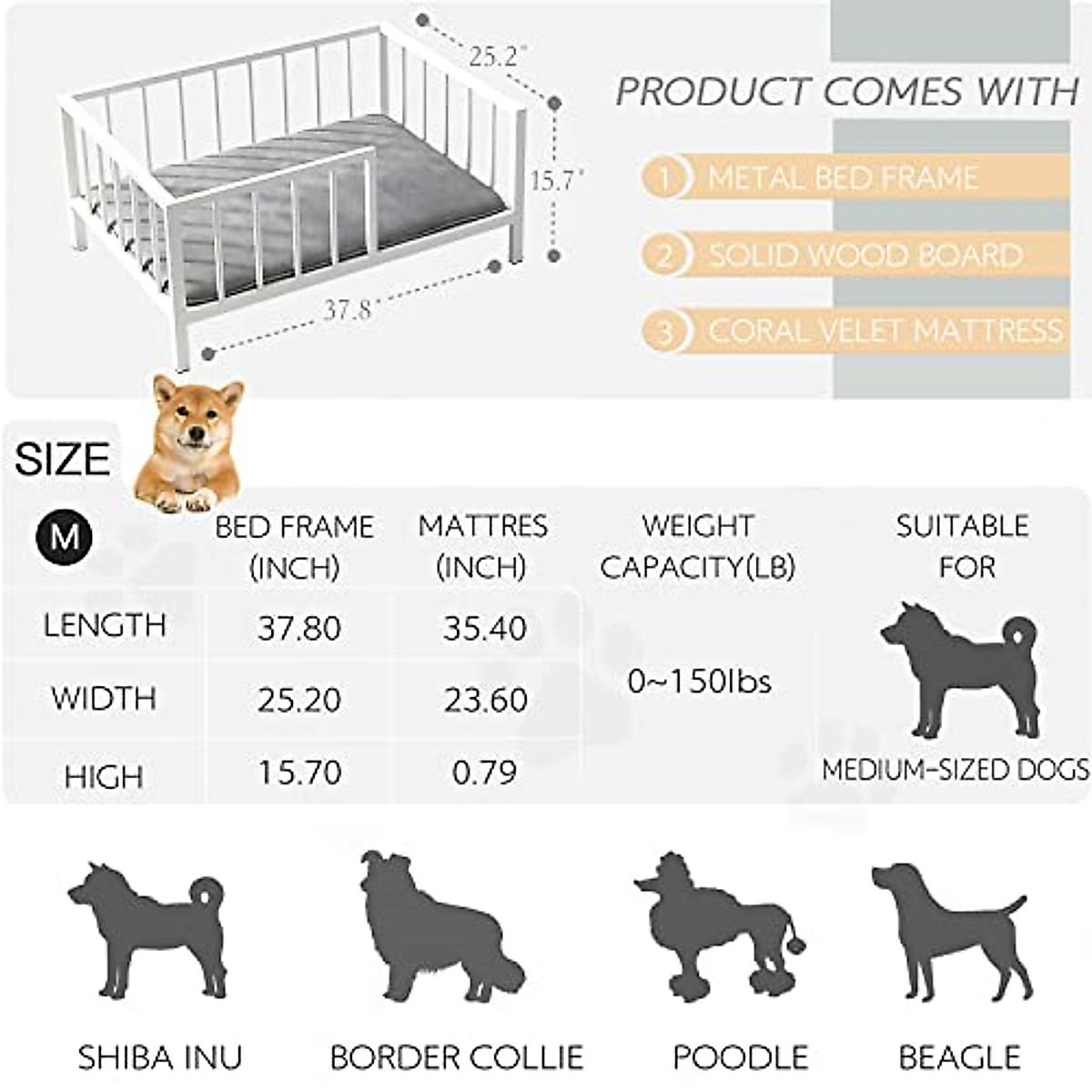 OSCHF Dog Bed with Rails - Elevated Pet Metal Bed Frame with Solid Wood Board and Washable Soft Mat for Medium Dog Indoor or Outdoor Use, 25.2" x 37.8", White