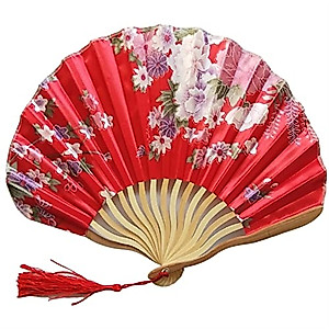 PHONME Multipurpose 3 pcs Chinese Style Hand Held Fans Personalized Pattern Silk Bamboo Folding Fans Handheld Wedding Hand Fan Cool Bamboo Flower Fan for Decoration Vintage style (Color : Red)