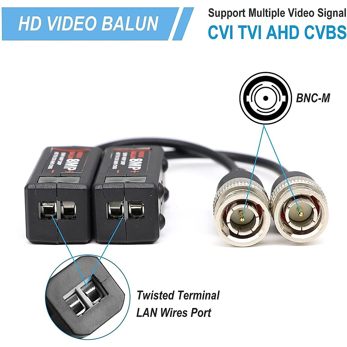 ANLINK 4 Pairs 4K 8MP HD Passive Video Balun Connectors, CCTV BNC Passive Video Balun Transceiver for BNC Male Cable via CAT5/5E/6 Twisted Pair Transmitter CCTV Camera System (4 Pairs, Screw Type)