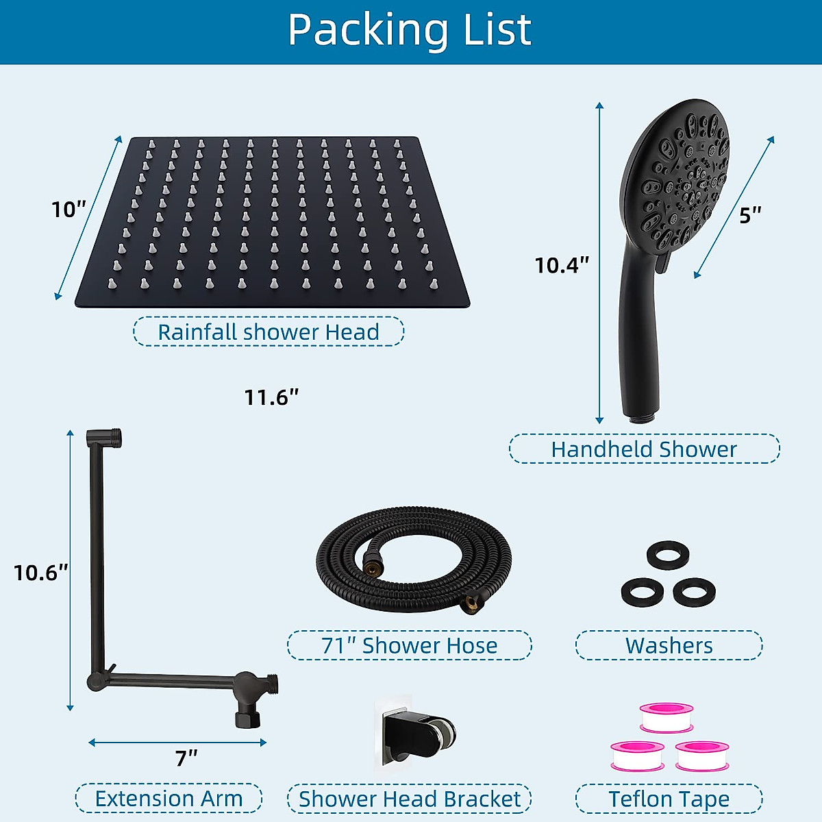 Rain Shower Head with Handheld Spray Combo - 10" Rainfall Showerhead + 7-Spray Handheld Spray Combo, Folded Extension Arm, 71" Shower Hose and 3 Settings Diverter, Matteblack