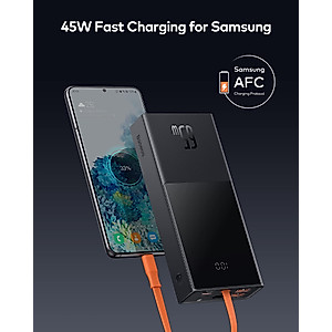 Baseus Powerbank 65 W for Laptop, 20000 mAh Power Bank USB C, Integrated USB-C Cable, External Battery QC 3.0 with 4 Outputs for Lenovo, HP, Dell, MacBook Pro, iPhone, Samsung