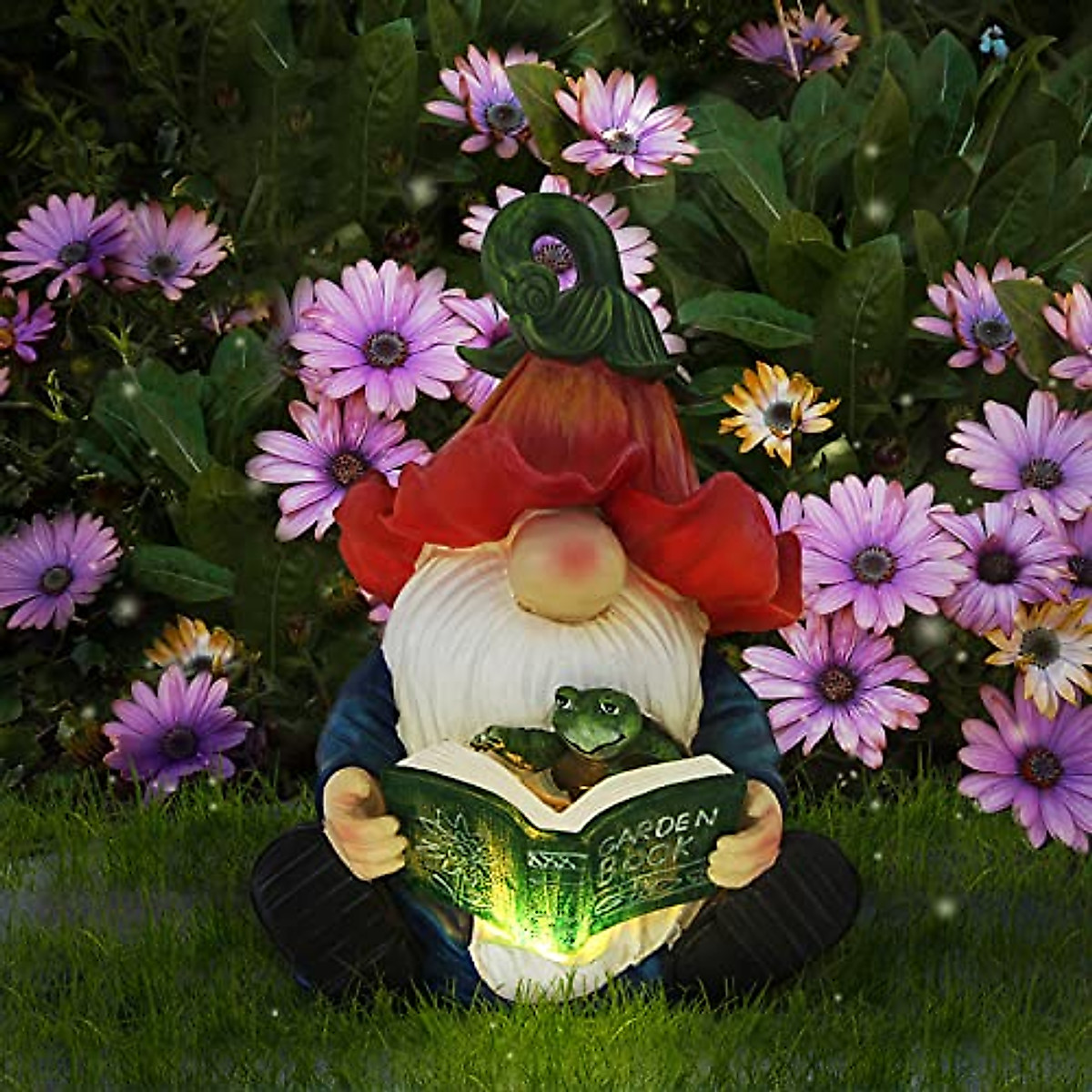 Sinhra Garden Gnome Statue-Resin Gnome Figurine Hugging Turtle Reading Book with Solar LED Lights，Outdoor Summer Decorations for Patio Yard Lawn Porch,Garden Ornament Gift