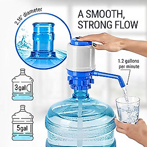 HotFrost Manual Water Pump for 5 Gallon Bottle – Hand Pressure Water Dispenser - Secure Fit on Crown Top Jugs - 3 Tube Lengths, Protective Spout Cap, Cleaning Brush, BPA-Free Food-Grade Materials