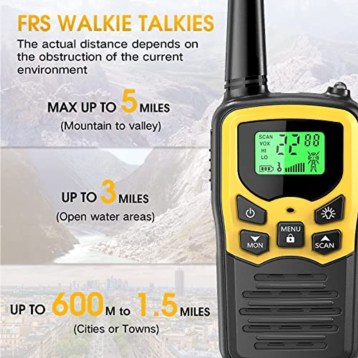 Walkie Talkies with 22 FRS Channels, MOICO Walkie Talkies for Adults with LED Flashlight VOX Scan LCD Display, Long Range Family Walkie Talkie Radios for Hiking Camping Trip (Yellow, 10 Pack)