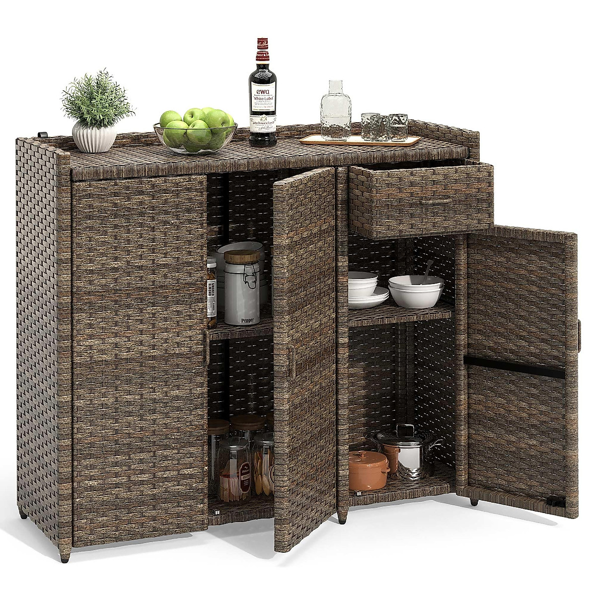 YITAHOME Outdoor Storage Cabinet, Weather-proof Rattan Bar Table with Two Doors, Adjustable Shelves & Foldable Drawer, Wicker Patio Storage Box for Outdoor Cushions, Pool Toys and Garden Tools - Brown